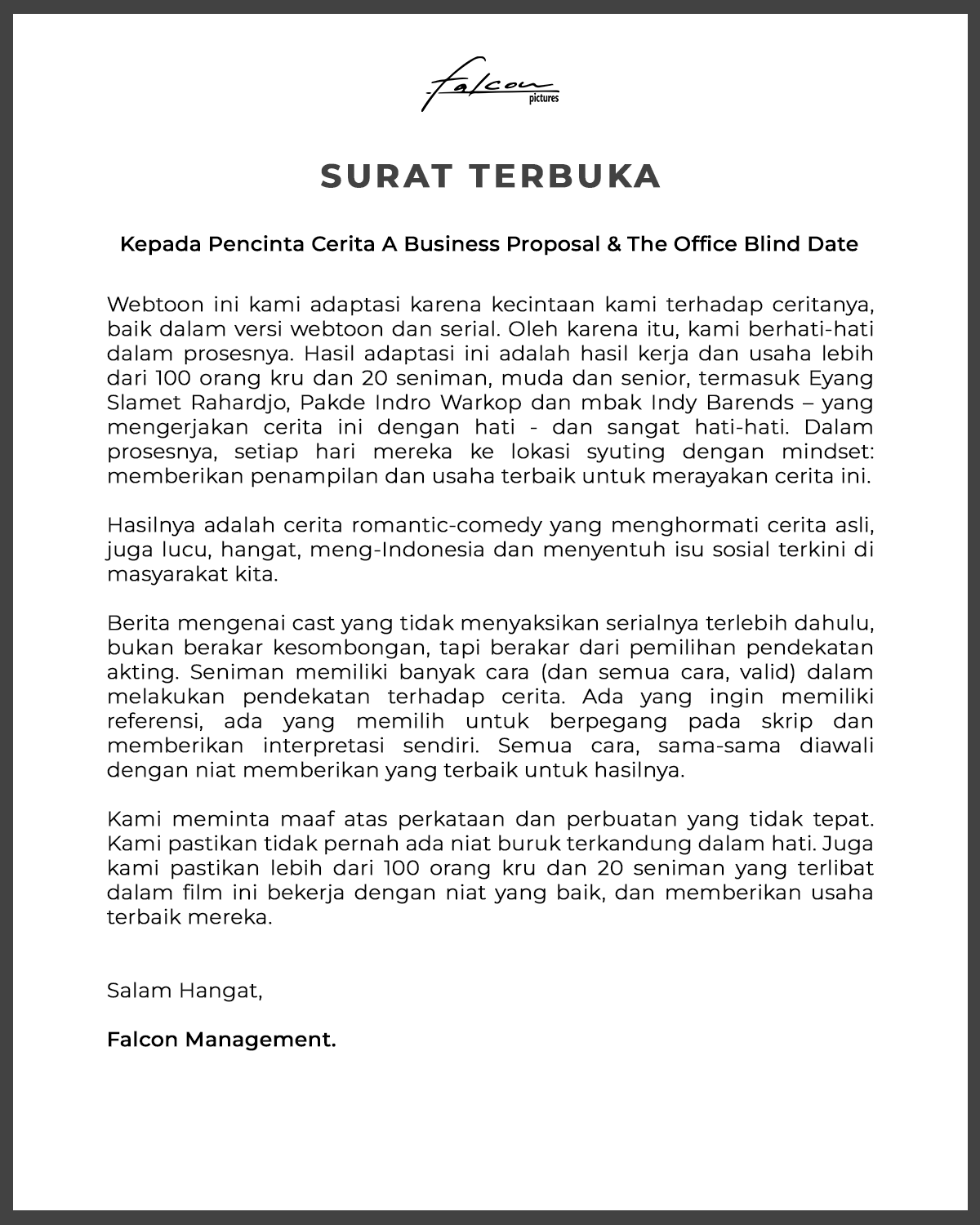 Surat Terbuka Falcon Pictures: Tanggapan Krisis dengan Empati